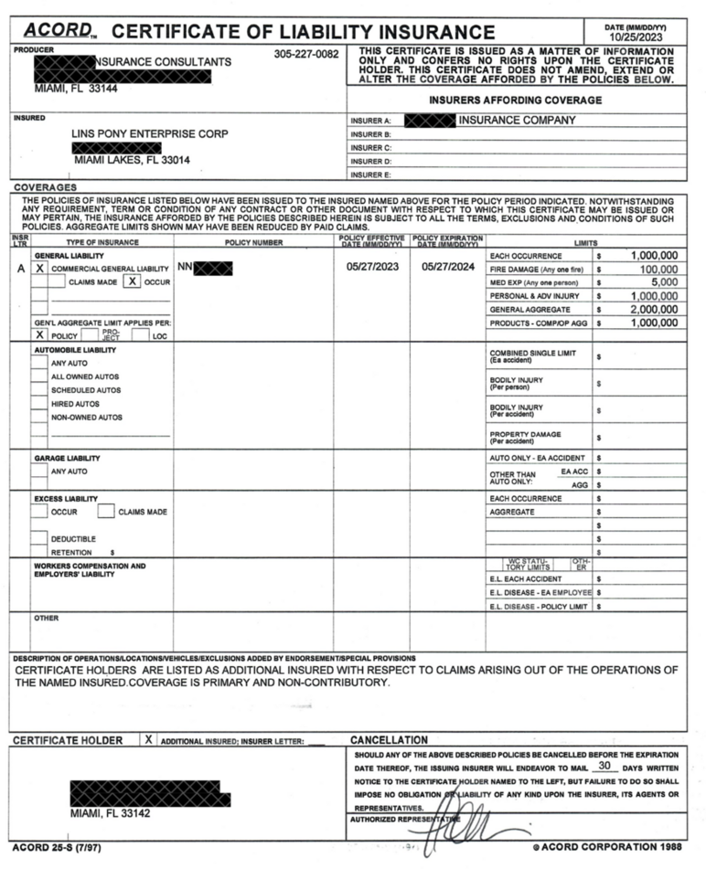 Insurance Sample – Ponies & Petting Zoo of Miami